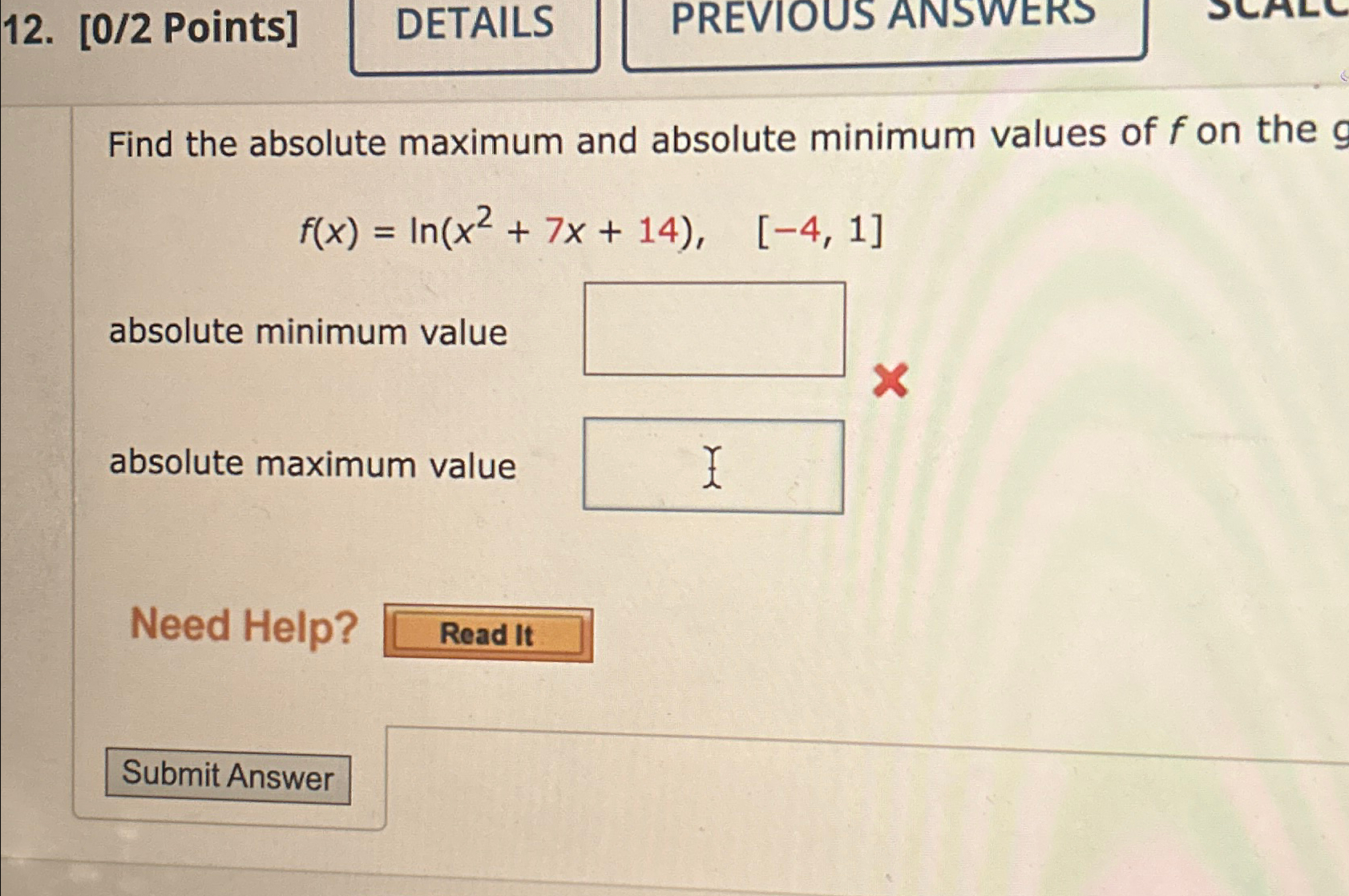 Solved [0/2 ﻿Points]Find the absolute maximum and absolute | Chegg.com