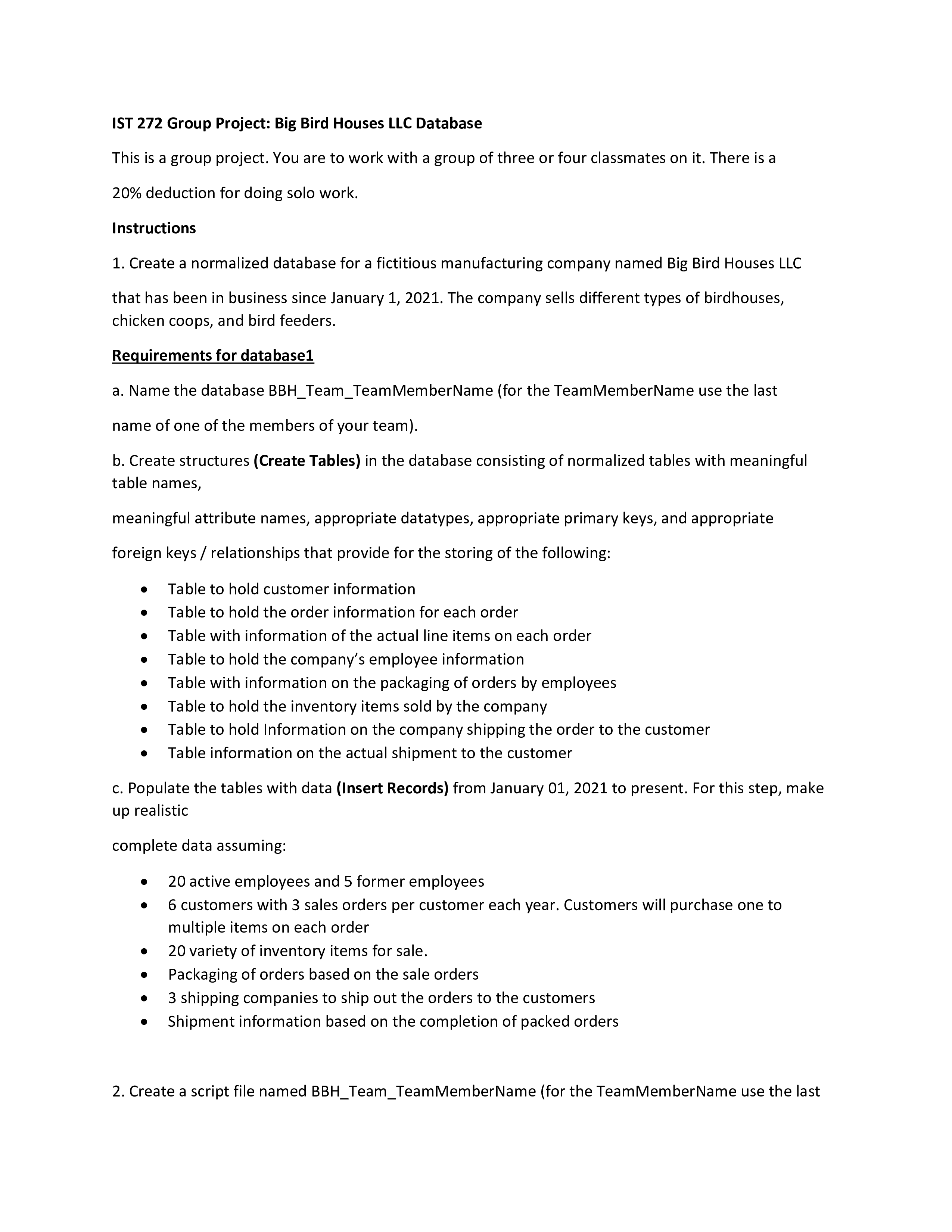 Solved IST 272 ﻿Group Project: Big Bird Houses LLC | Chegg.com