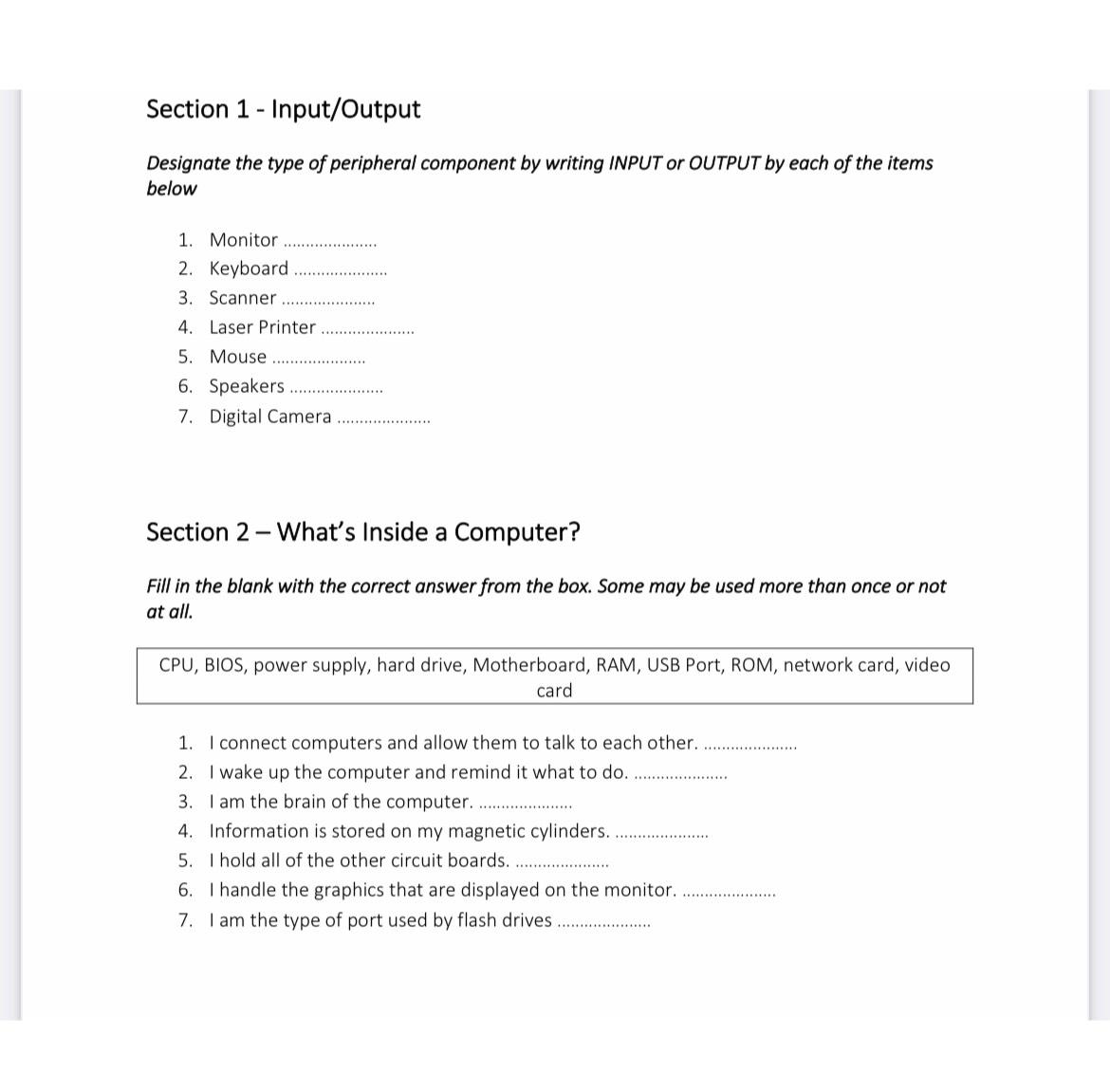 Solved Section 1 - ﻿Input/OutputDesignate the type of | Chegg.com