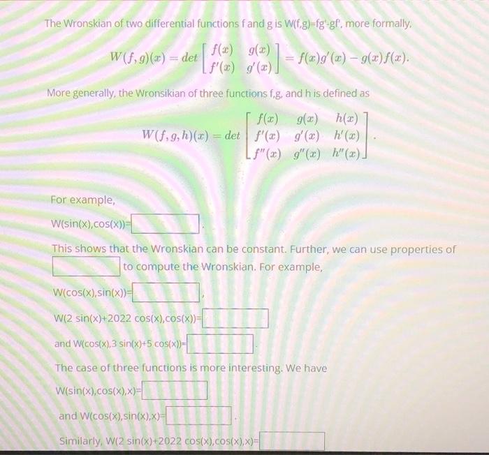 Solved The Wronskian of two differential functions f and g | Chegg.com