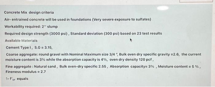 Solved Concrete Mix design criteria Air- entrained concrete | Chegg.com
