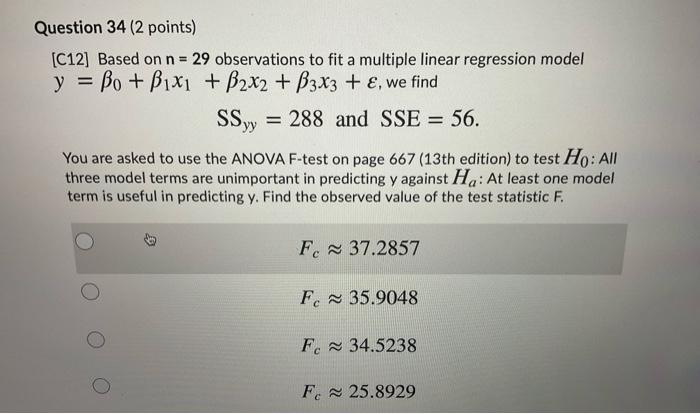 Solved Question 34 (2 points) (C12] Based on n = 29 | Chegg.com