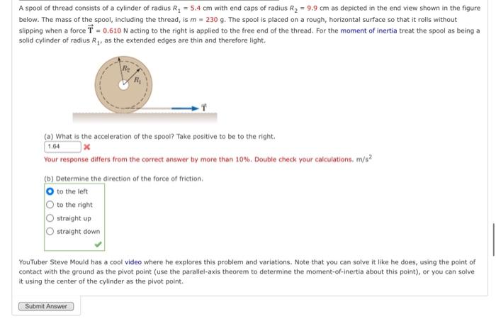 Solved A spool of thread consists of a cylinder of radius | Chegg.com