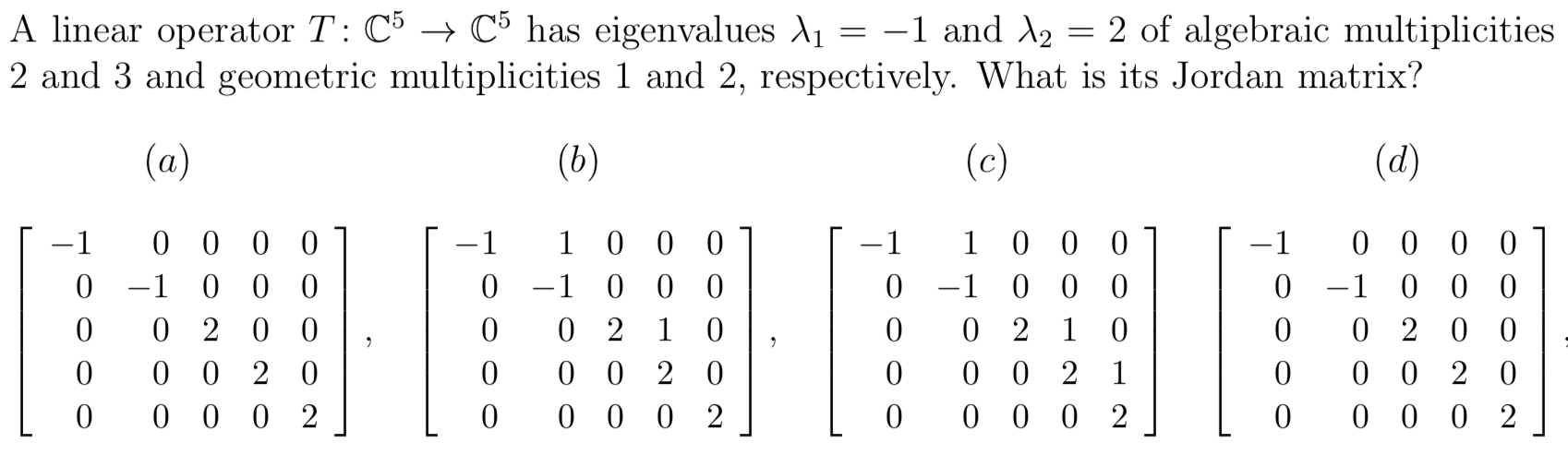 Solved A linear operator T:C5→C5 ﻿has eigenvalues λ1=-1 ﻿and | Chegg.com