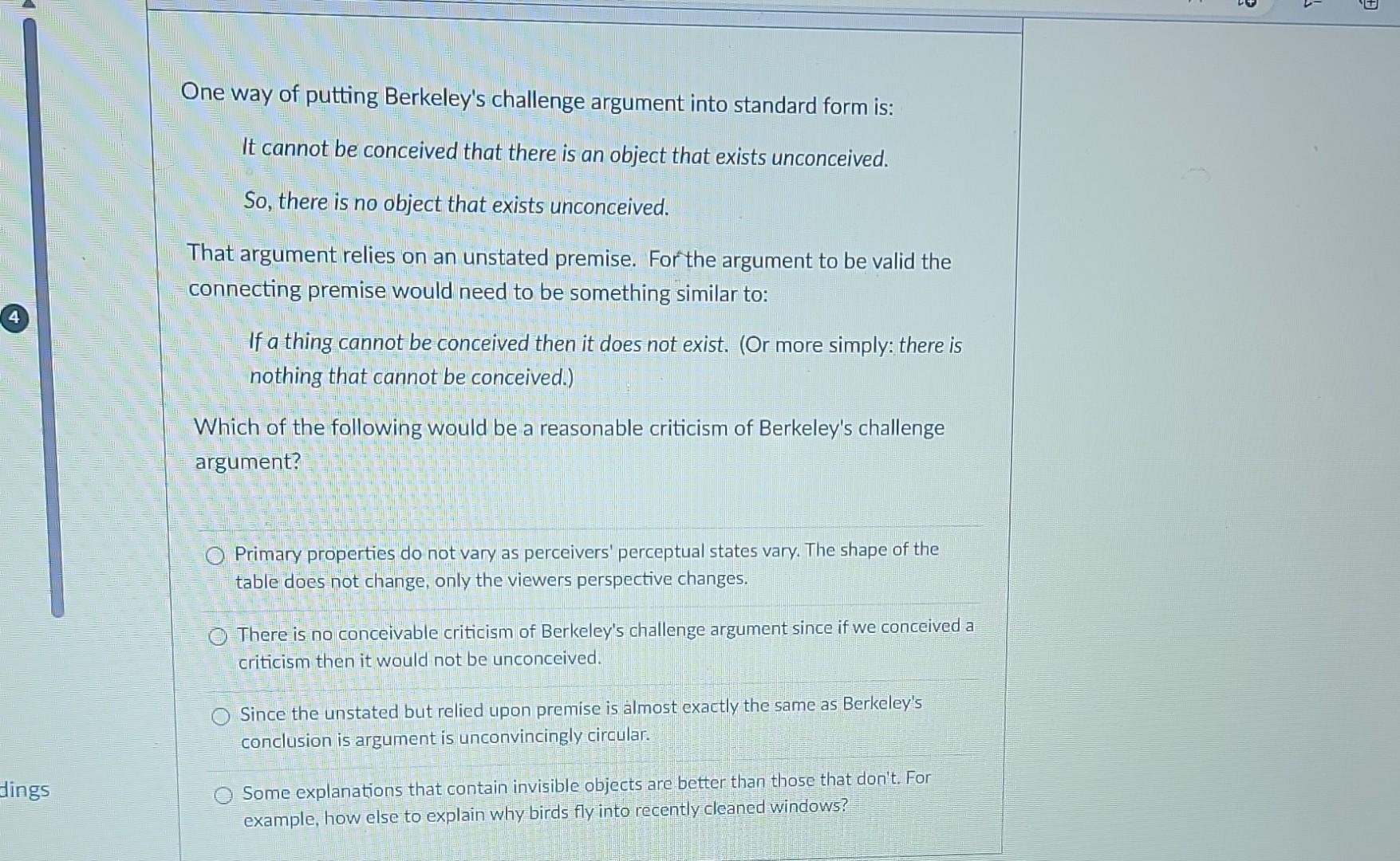 One way of putting Berkeley's challenge argument into | Chegg.com