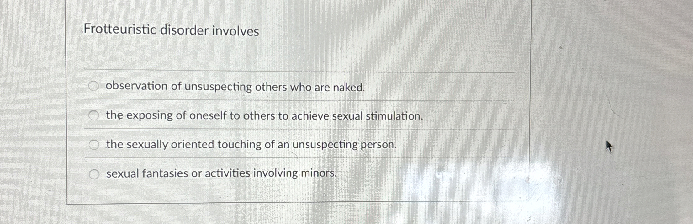 Solved Frotteuristic disorder involvesobservation of | Chegg.com