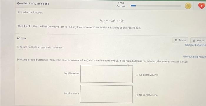 Solved Consider the function: f(x)=−2x2+40x Step 2 of 2 : | Chegg.com