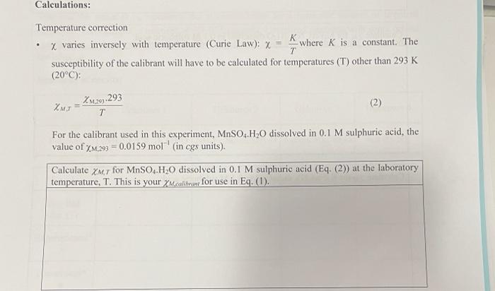 Solved Temperature correction - χ varies inversely with | Chegg.com