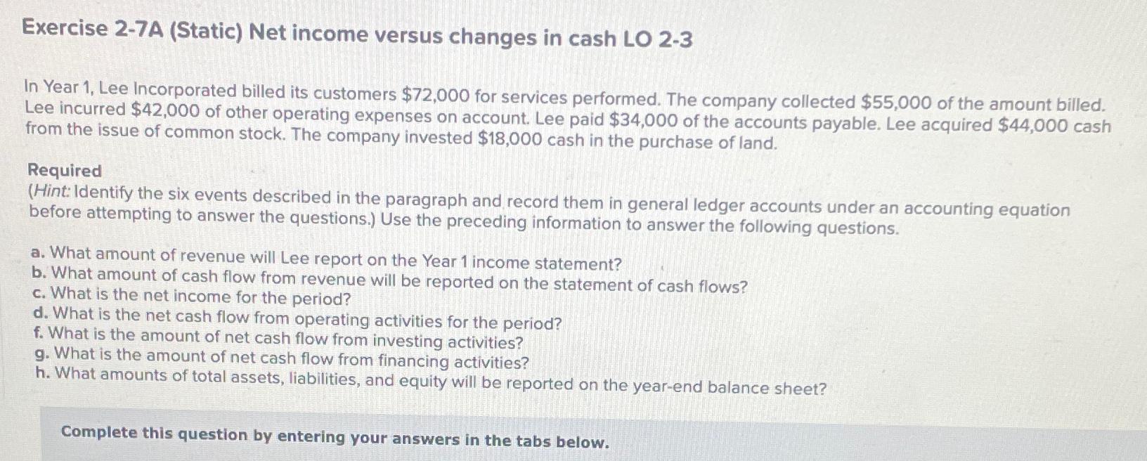 Solved Exercise 2-7A (Static) Net income versus changes in | Chegg.com Solved Exercise 2-7A (Static) Net income versus changes in | Chegg.com