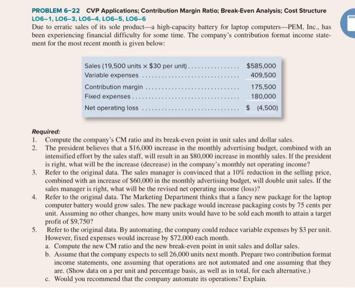Solved PROBLEM 6-22 CVP Applications; Contribution Margin | Chegg.com