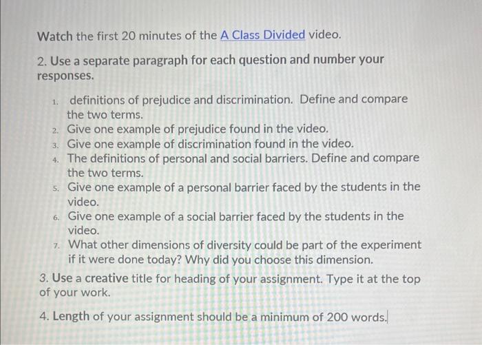 Solved Watch the first 20 minutes of the A Class Divided | Chegg.com