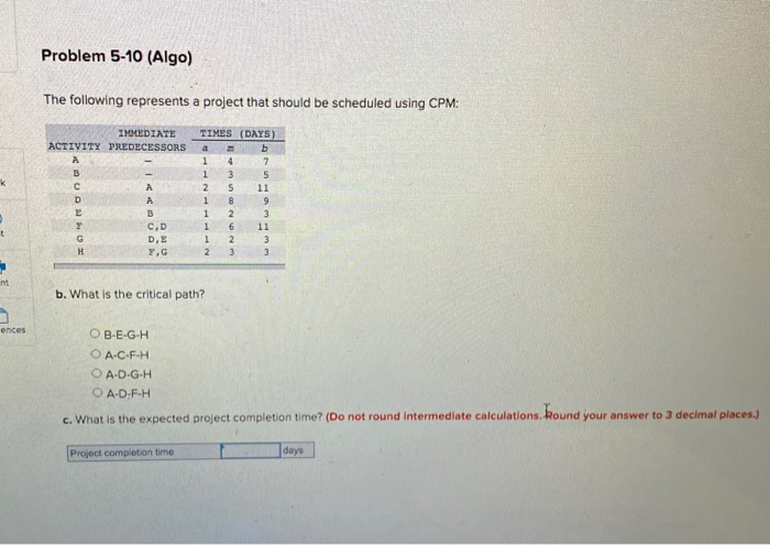 Solved Problem 5-10 (Algo) The following represents a | Chegg.com