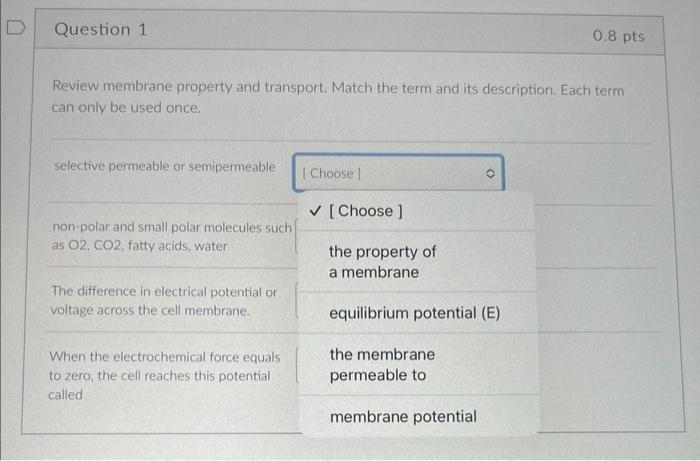Solved Review membrane property and transport. Match the | Chegg.com