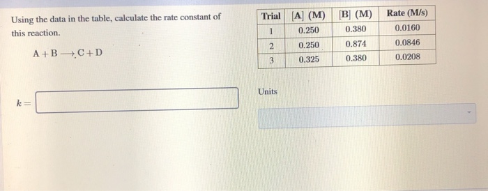 Solved Trial Using the data in the table, calculate the rate | Chegg.com