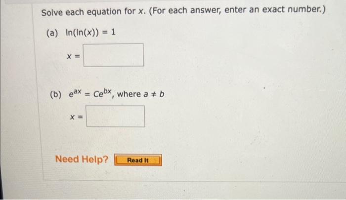 Solved Solve each equation for x. (For each answer, enter an | Chegg.com