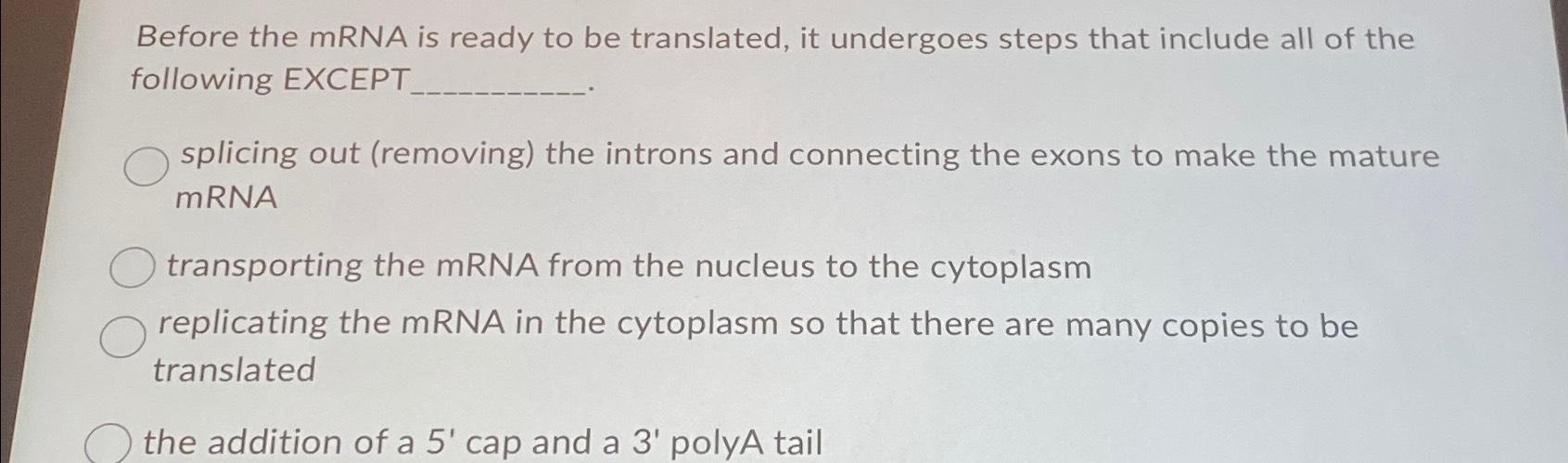 Solved Before the mRNA is ready to be translated, it | Chegg.com