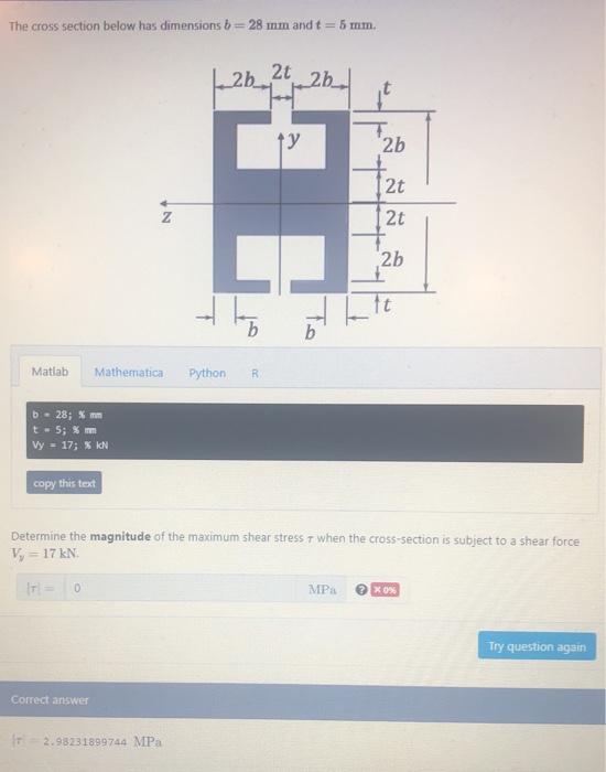 Solved The cross section below has dimensions b = 28 mm and | Chegg.com