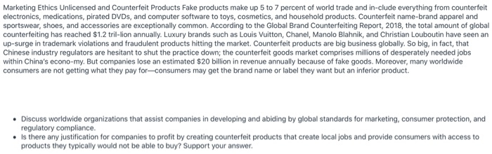 Solved Marketing Ethics Unlicensed and Counterfeit Products | Chegg.com