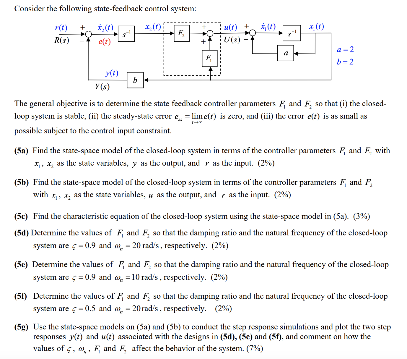 Solved Consider the following state-feedback control | Chegg.com
