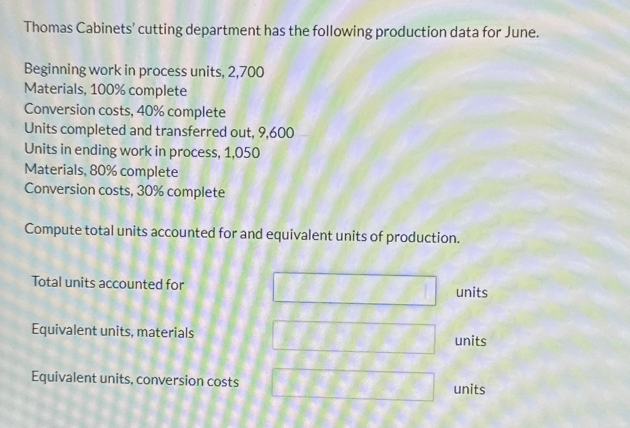 Solved Thomas Cabinets' cutting department has the following | Chegg.com
