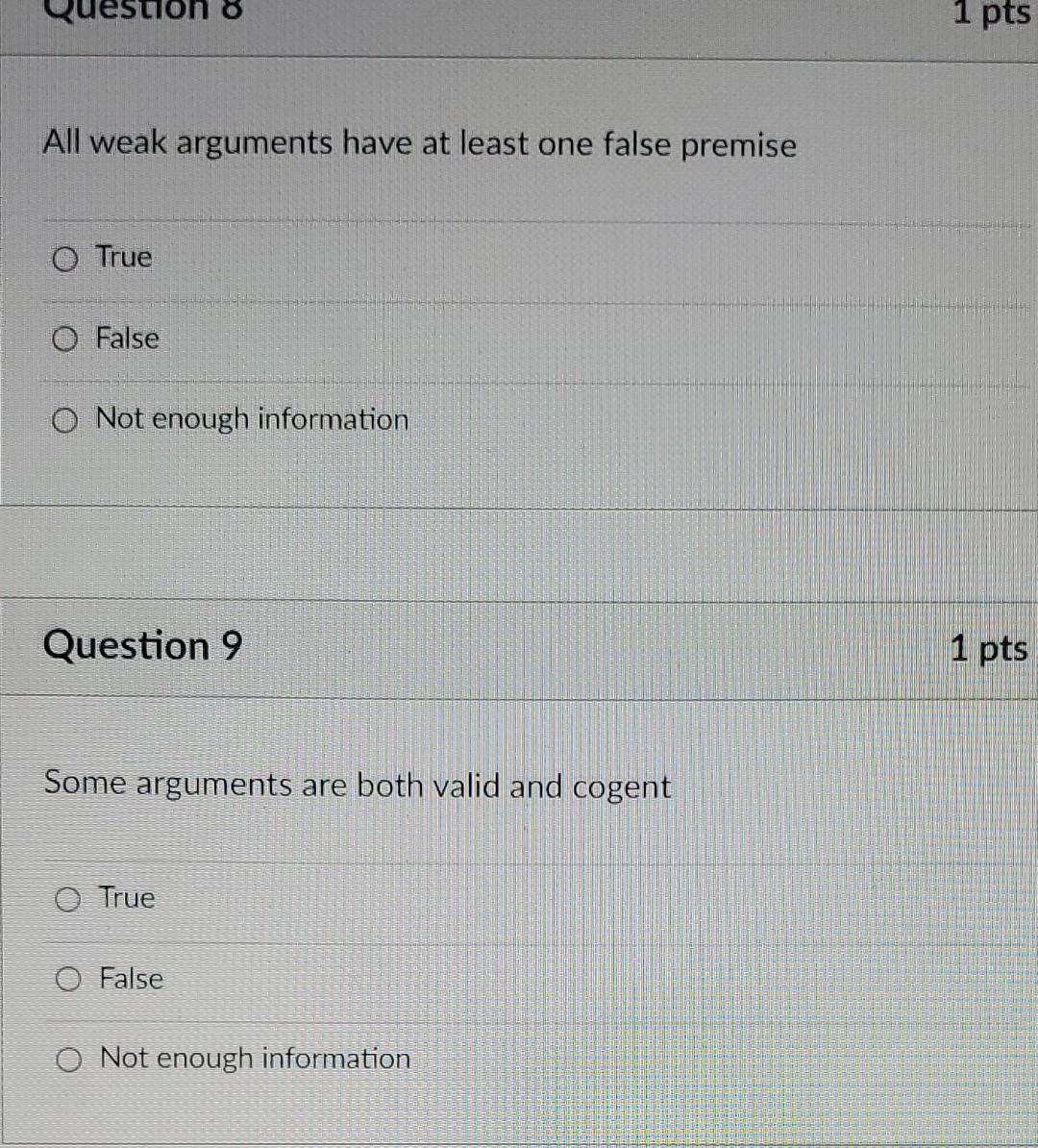 Solved uestion 8 1 pts All weak arguments have at least one | Chegg.com