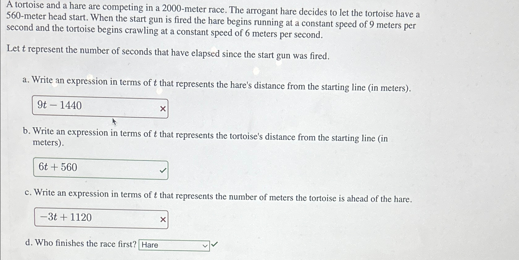 Solved A tortoise and a hare are competing in a 2000-meter | Chegg.com