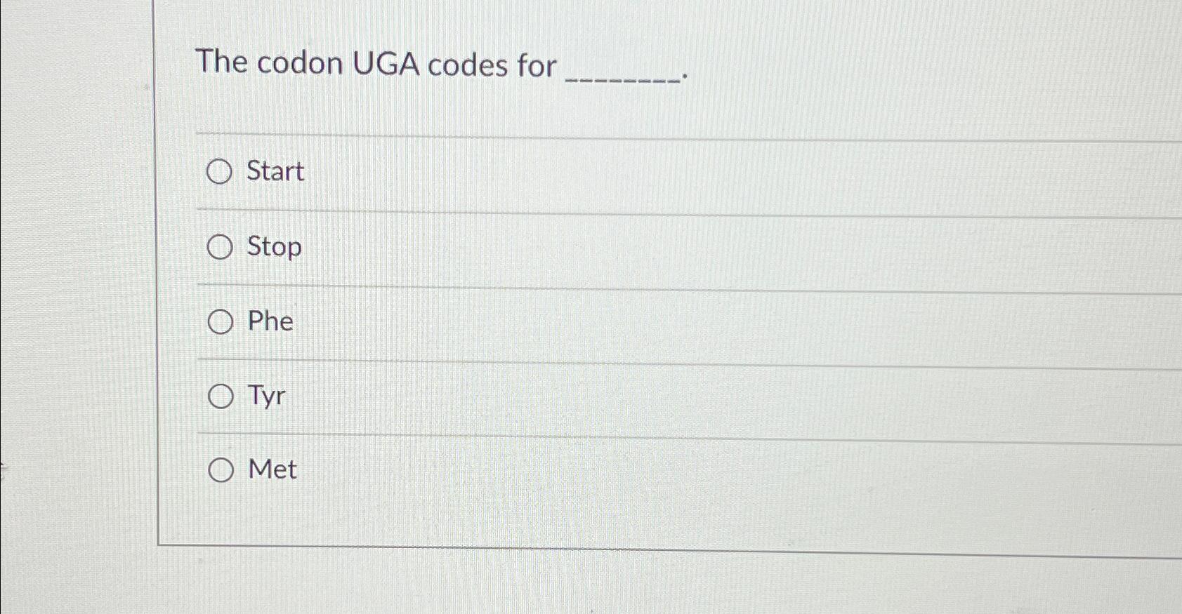 Solved The codon UGA codes forStartStopPheTyrMet | Chegg.com