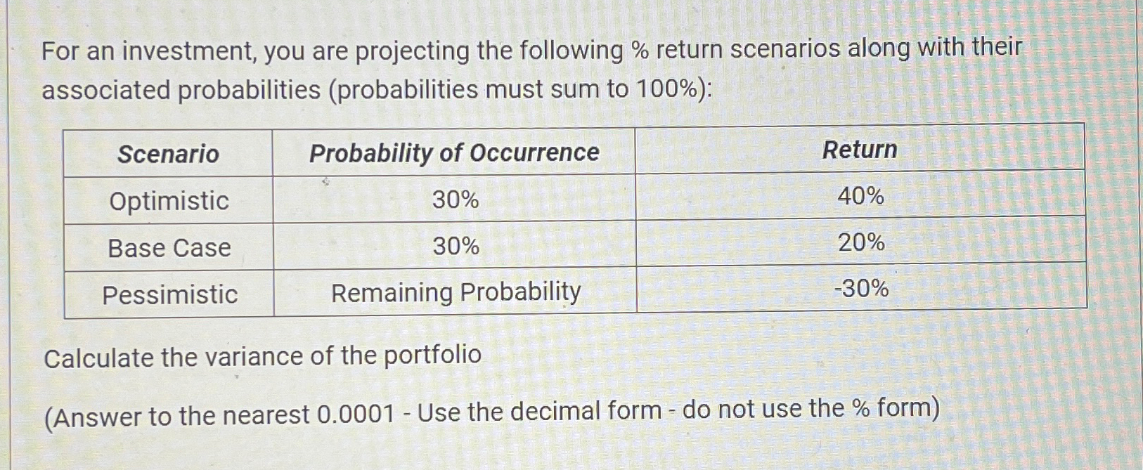 Solved For an investment, you are projecting the following % | Chegg.com
