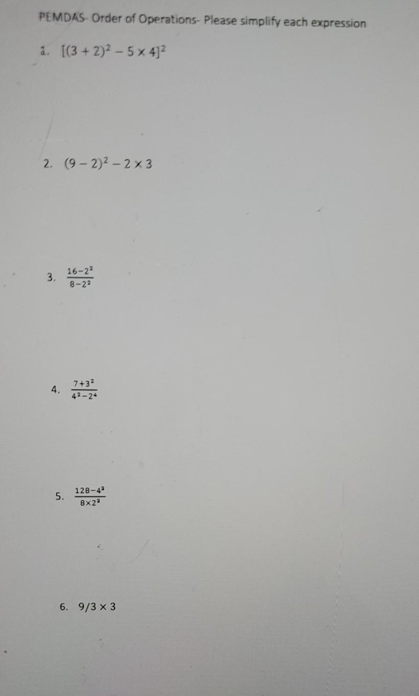 Solved PEMDAS- Order of Operations- Please simplify each | Chegg.com