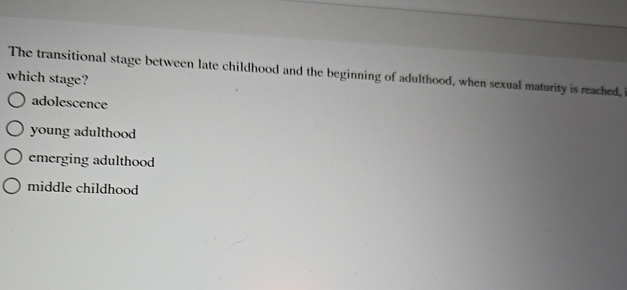 Solved The transitional stage between late childhood and the | Chegg.com