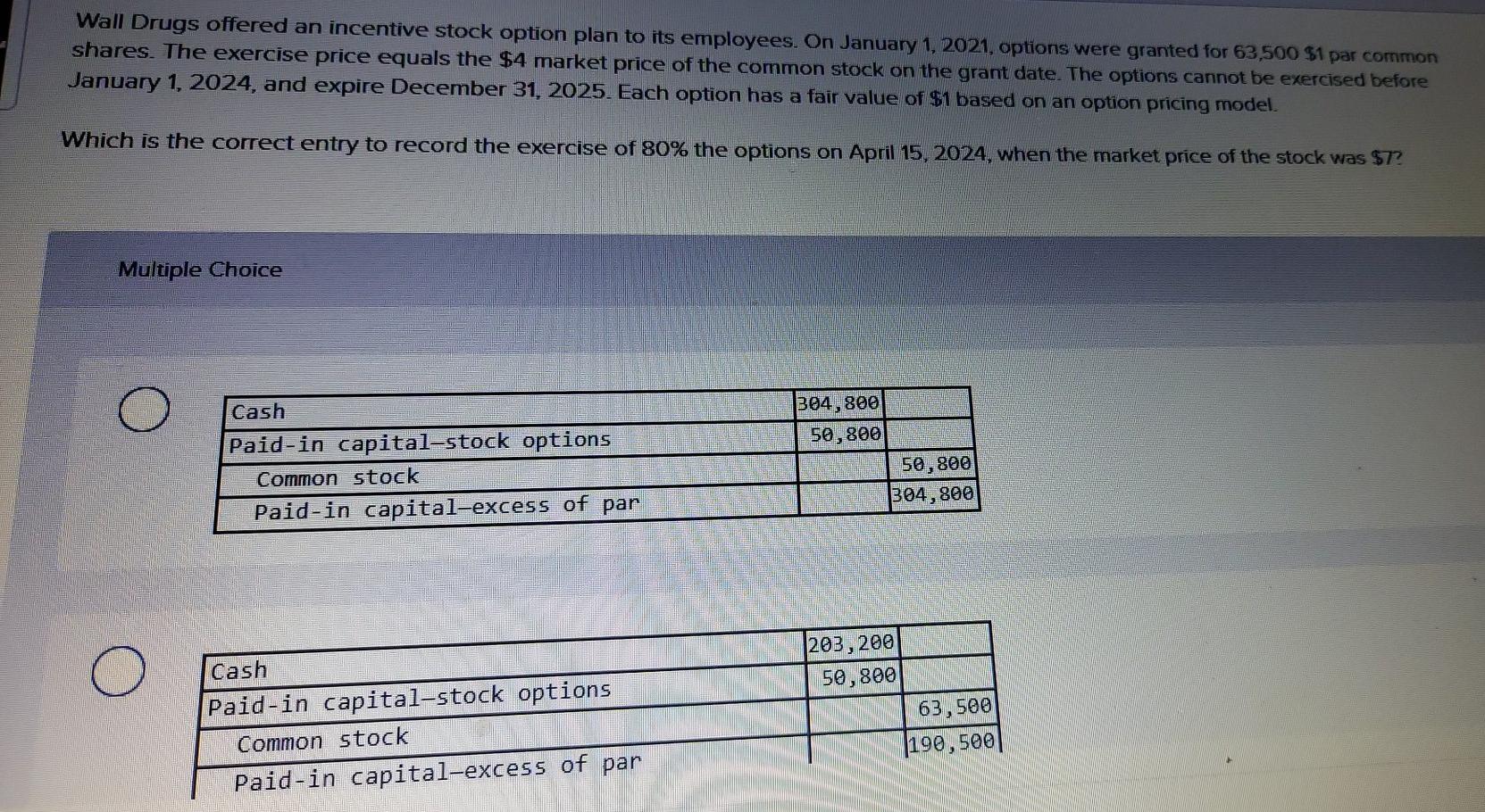Solved Wall Drugs offered an incentive stock option plan to | Chegg.com