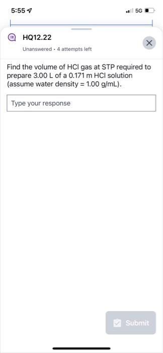 Solved Find the volume of HCl gas at STP required to prepare | Chegg.com