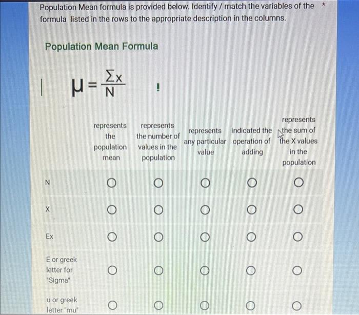 Solved Population Mean formula is provided below. Identify / | Chegg.com