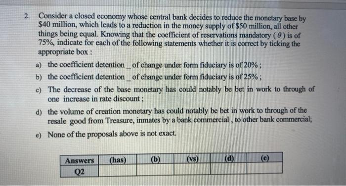 2. Consider a closed economy whose central bank | Chegg.com