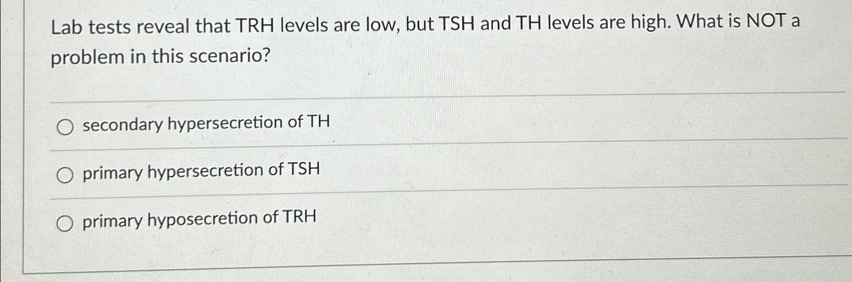Solved Lab tests reveal that TRH levels are low, but TSH and | Chegg.com