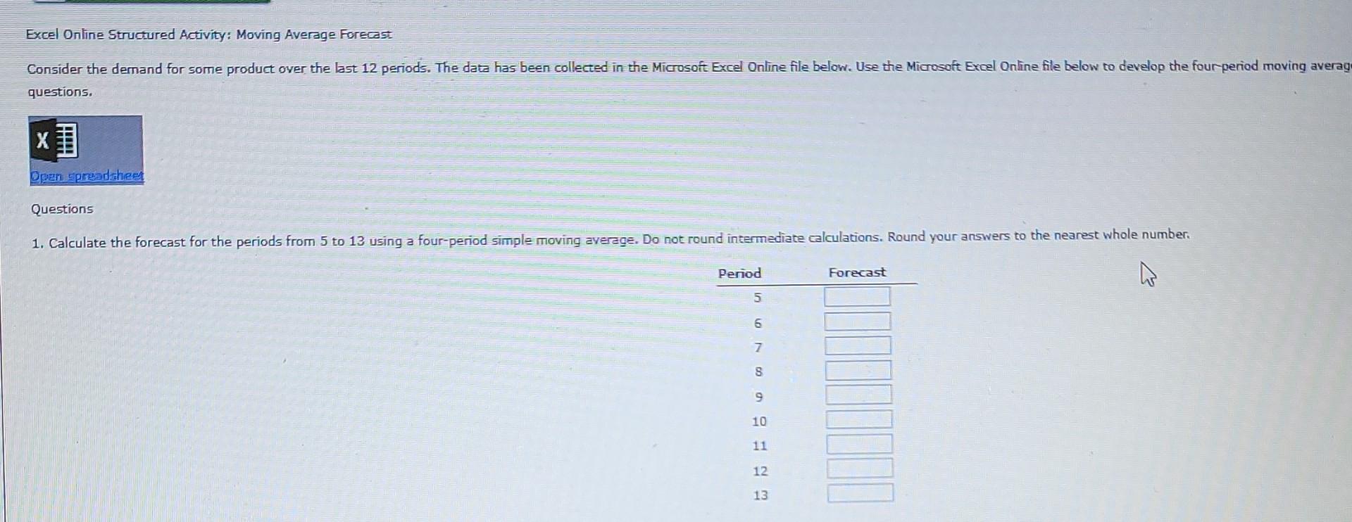Excel Online Structured Activity: Moving Average | Chegg.com
