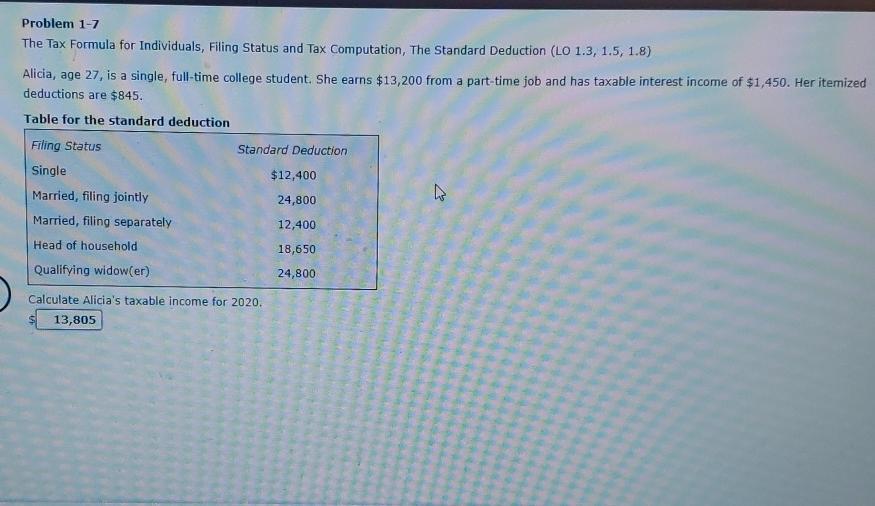 Solved Problem 1-7 The Tax Formula for Individuals, Filing | Chegg.com