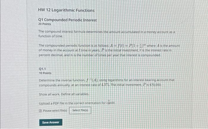 Solved HW 12 Logarithmic Functions Q1 Compounded Periodic | Chegg.com