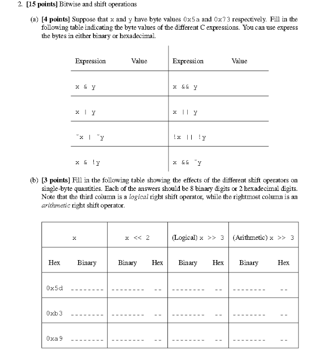 Solved 2. [15 ﻿points] ﻿Bitwise and shift operations(a) [4 | Chegg.com