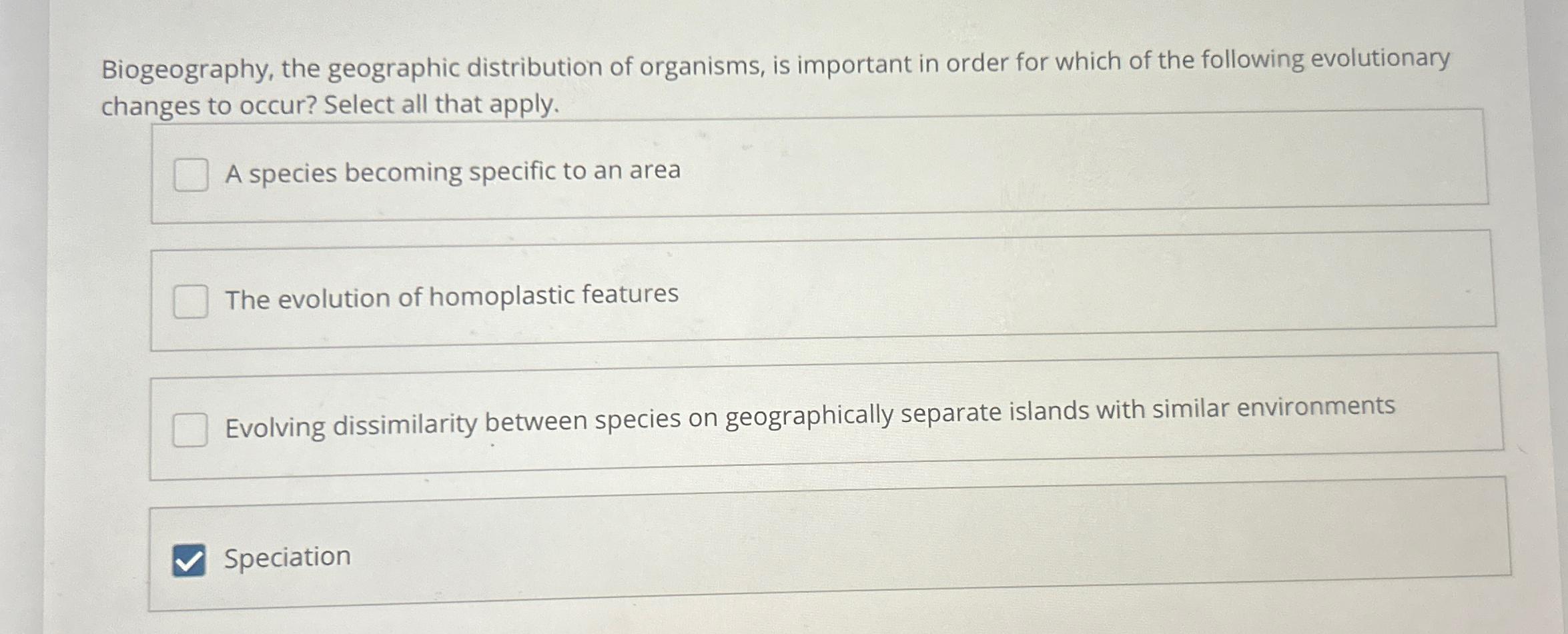 Solved Biogeography, the geographic distribution of | Chegg.com