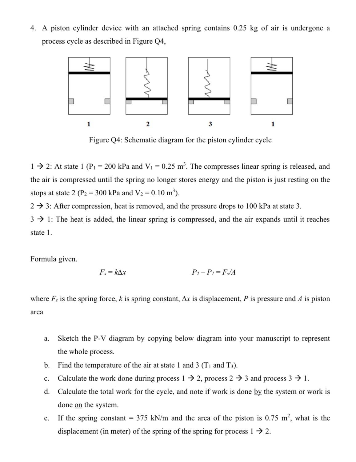 Solved A piston cylinder device with an attached spring | Chegg.com