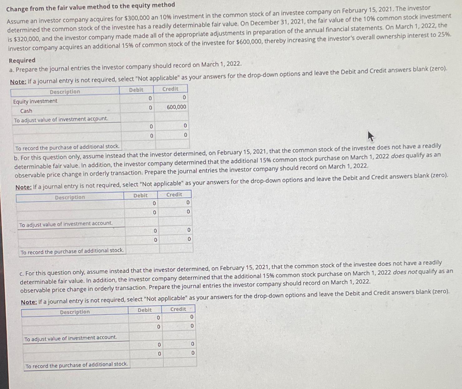 Solved Change from the fair value method to the equity | Chegg.com