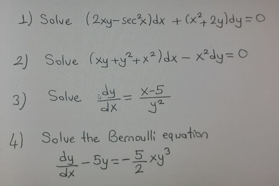 Solved 1) Solve (2xy-sec?x) dx + (x²+ 2yldy = 0 2) Solve (xy | Chegg.com