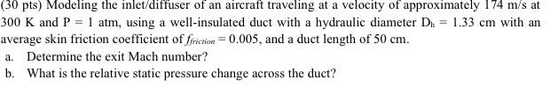 Solved (30 pts) Modeling the inlet/diffuser of an aircraft | Chegg.com