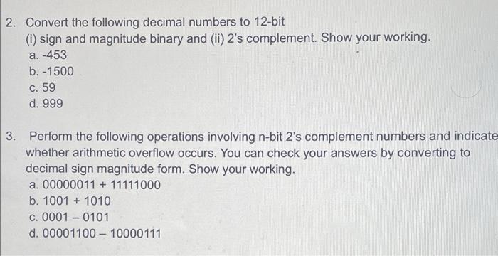 Solved 2. Convert the following decimal numbers to 12-bit | Chegg.com