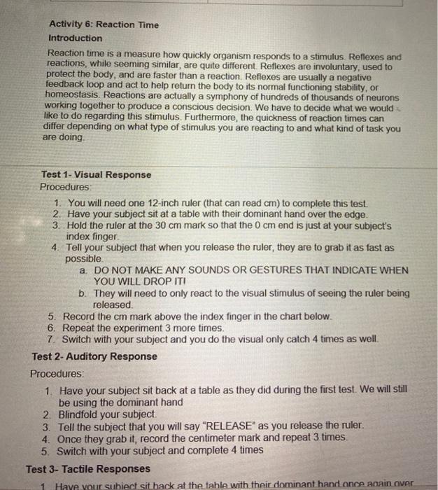 Activity 6: Reaction Time Introduction Reaction time | Chegg.com