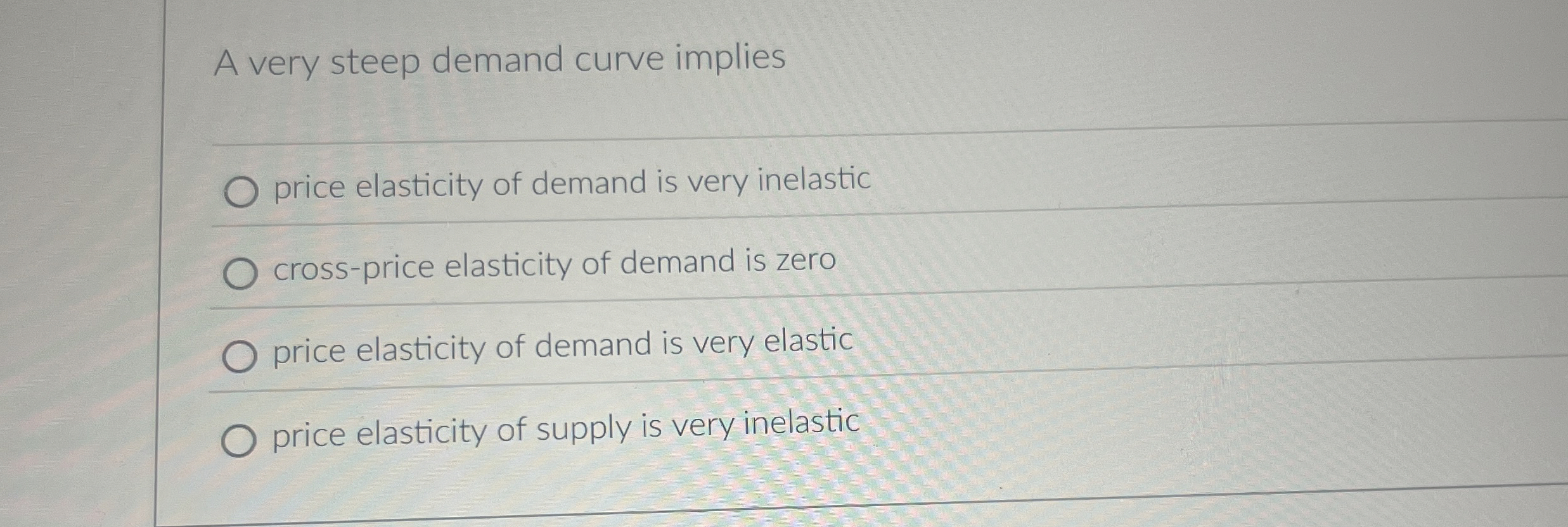 Solved A very steep demand curve impliesprice elasticity of | Chegg.com