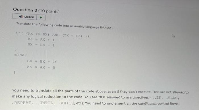 Solved Translate the following code into assembly language | Chegg.com