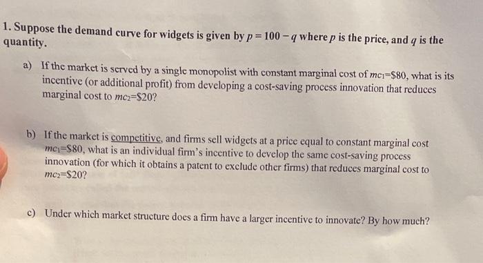 Solved 1. Suppose the demand curve for widgets is given by | Chegg.com