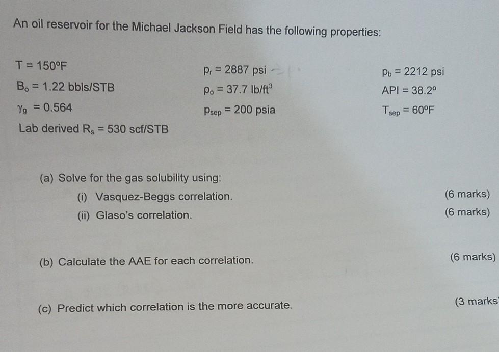 Solved An oil reservoir for the Michael Jackson Field has | Chegg.com